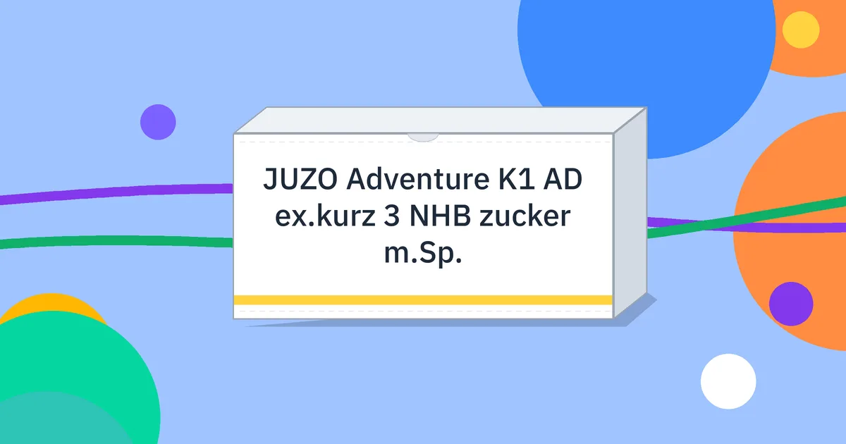 Symbolbild: Packung mit der Aufschrift JUZO Adventure K1 AD ex.kurz 3 NHB zucker m.Sp. (PZN 16344109) – Verfügbarkeit und Bezug in Apotheken in Frankfurt am Main