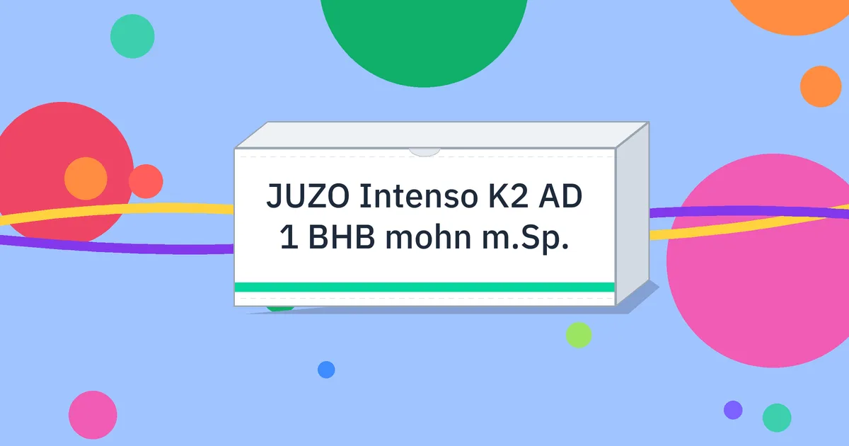 Symbolbild: Packung mit der Aufschrift JUZO Intenso K2 AD 1 BHB mohn m.Sp. (PZN 18613499) – Verfügbarkeit und Bezug in Apotheken in Frankfurt am Main