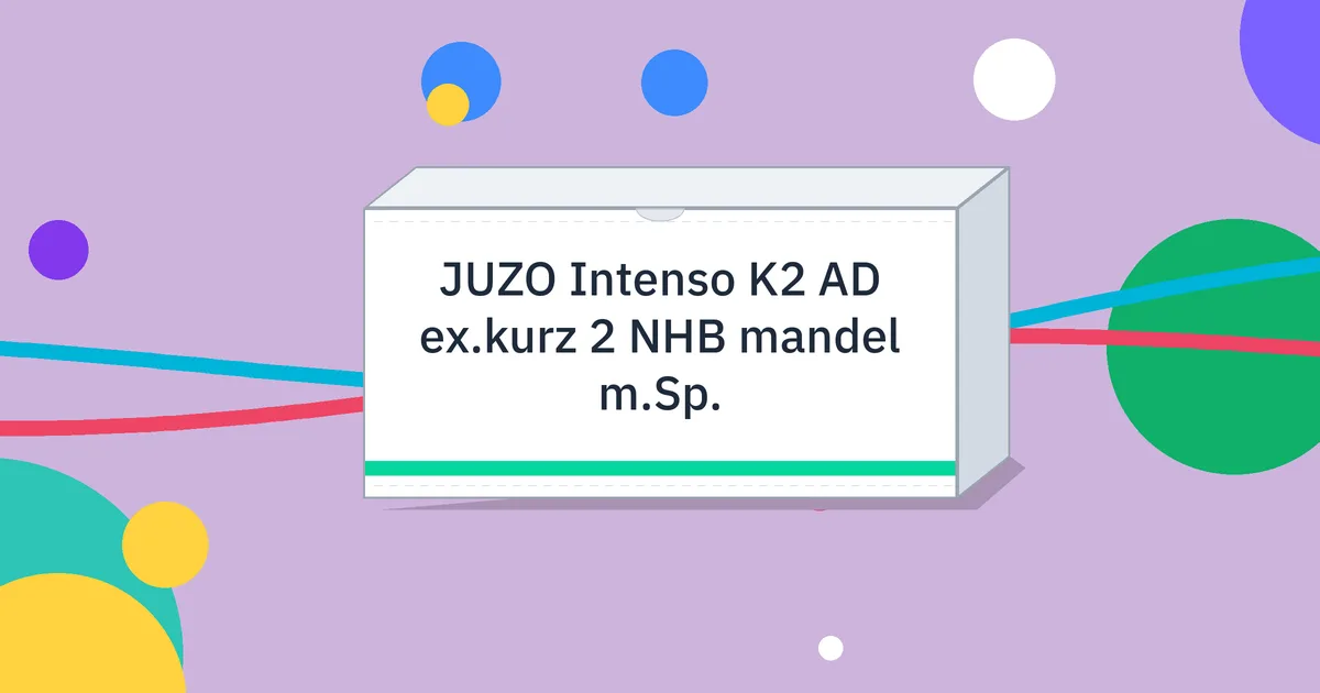 Symbolbild: Packung mit der Aufschrift JUZO Intenso K2 AD ex.kurz 2 NHB mandel m.Sp. (PZN 18611690) – Verfügbarkeit und Bezug in Apotheken in Frankfurt am Main