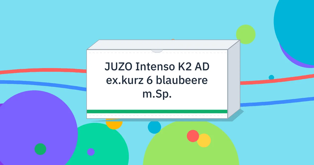 Symbolbild: Packung mit der Aufschrift JUZO Intenso K2 AD ex.kurz 6 blaubeere m.Sp. (PZN 18608156) – Verfügbarkeit und Bezug in Apotheken in Frankfurt am Main