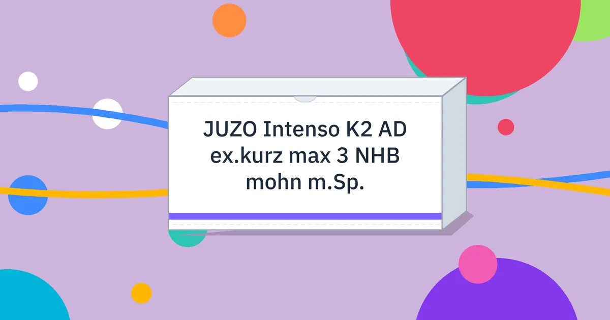 Symbolbild: Packung mit der Aufschrift JUZO Intenso K2 AD ex.kurz max 3 NHB mohn m.Sp. (PZN 18610584) – Verfügbarkeit und Bezug in Apotheken in Frankfurt am Main