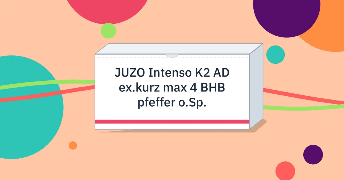 Symbolbild: Packung mit der Aufschrift JUZO Intenso K2 AD ex.kurz max 4 BHB pfeffer o.Sp. (PZN 18624310) – Verfügbarkeit und Bezug in Apotheken in Frankfurt am Main