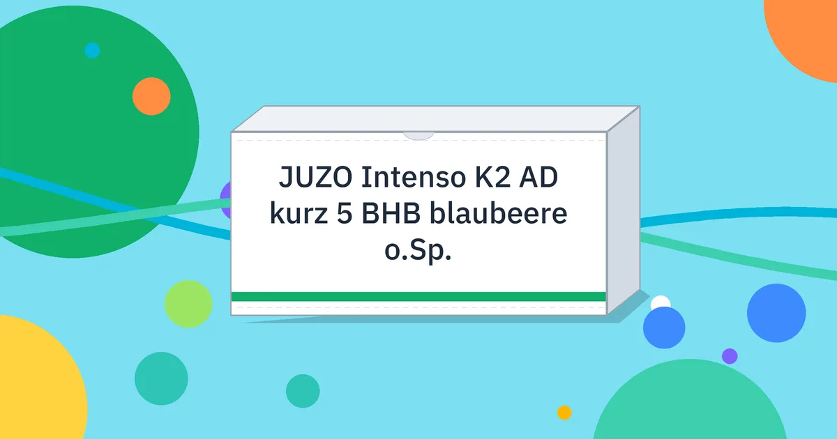 Symbolbild: Packung mit der Aufschrift JUZO Intenso K2 AD kurz 5 BHB blaubeere o.Sp. (PZN 18625108) – Verfügbarkeit und Bezug in Apotheken in Frankfurt am Main