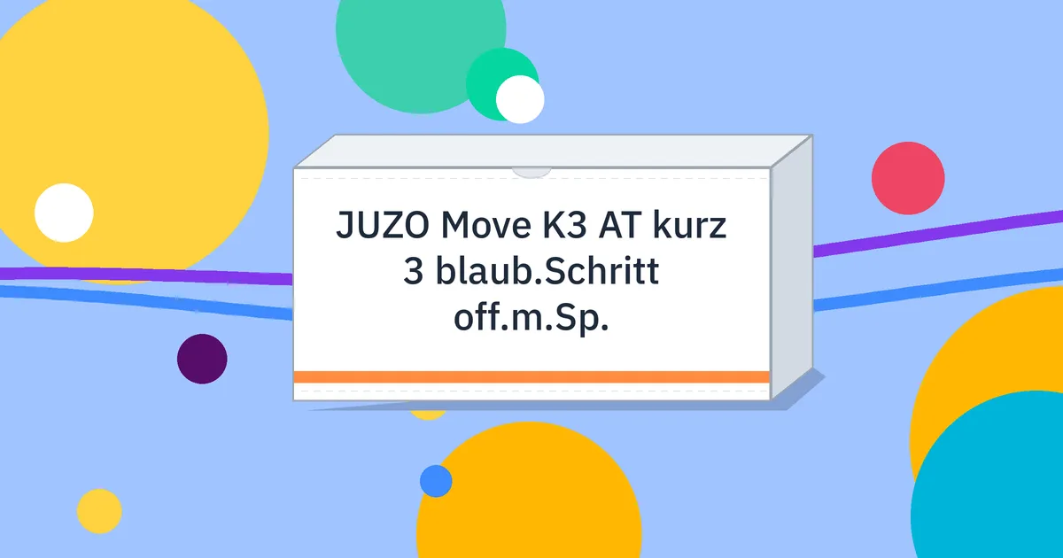 Symbolbild: Packung mit der Aufschrift JUZO Move K3 AT kurz 3 blaub.Schritt off.m.Sp. (PZN 20683722) – Verfügbarkeit und Bezug in Apotheken in Frankfurt am Main