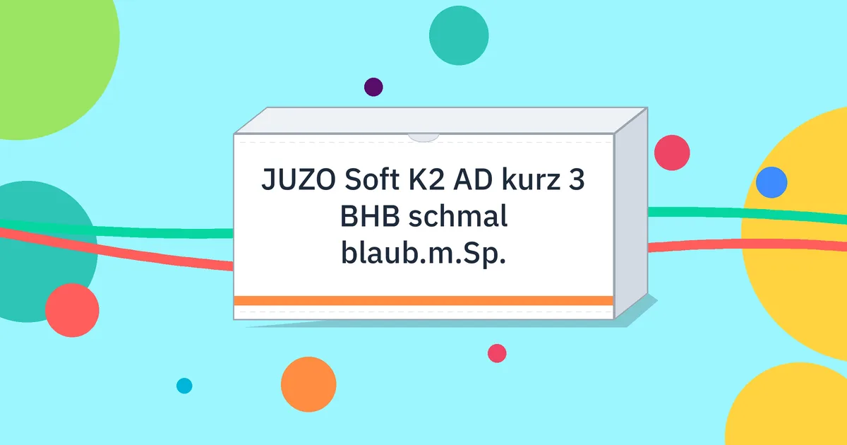 Symbolbild: Packung mit der Aufschrift JUZO Soft K2 AD kurz 3 BHB schmal blaub.m.Sp. (PZN 15465845) – Verfügbarkeit und Bezug in Apotheken in Frankfurt am Main