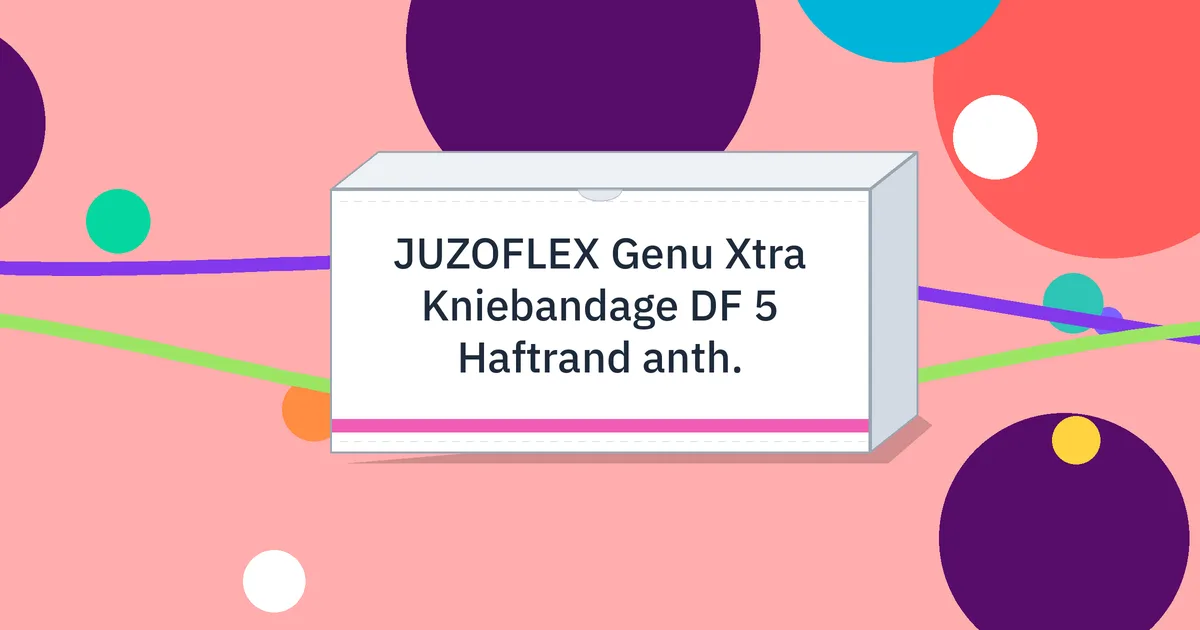 Symbolbild: Packung mit der Aufschrift JUZOFLEX Genu Xtra Kniebandage DF 5 Haftrand anth. (PZN 16497451) – Verfügbarkeit und Bezug in Apotheken in Frankfurt am Main