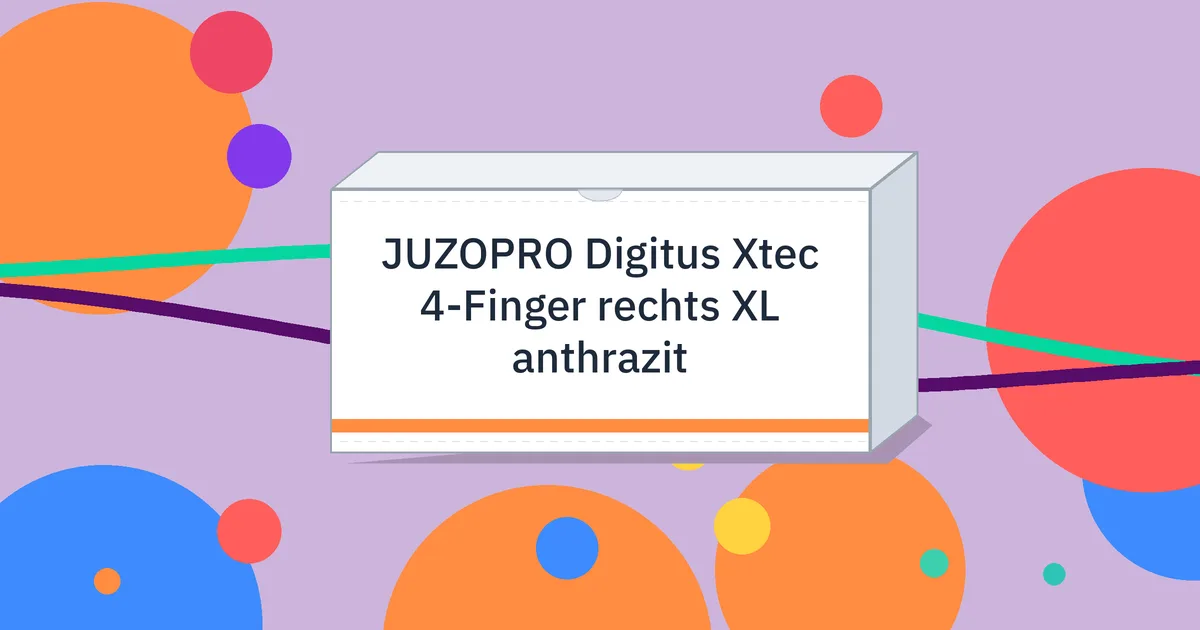 Symbolbild: Packung mit der Aufschrift JUZOPRO Digitus Xtec 4-Finger rechts XL anthrazit (PZN 16766595) – Verfügbarkeit und Bezug in Apotheken in Frankfurt am Main