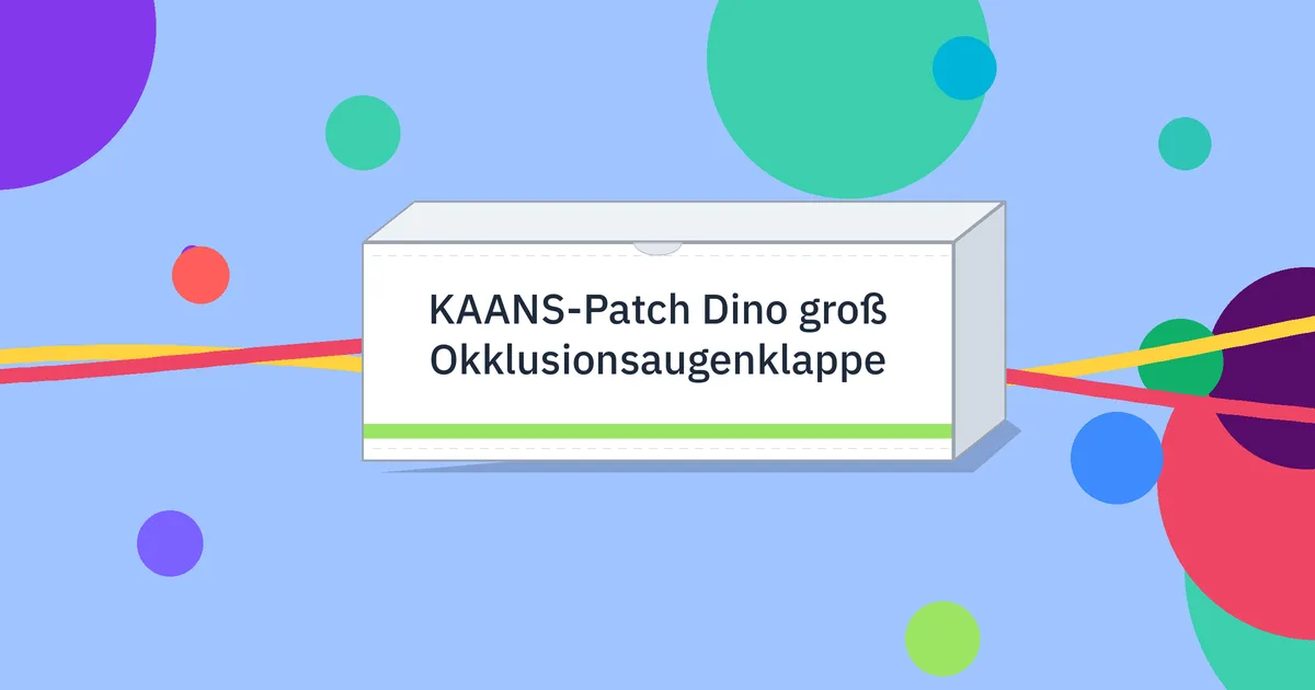 Symbolbild: Packung mit der Aufschrift KAANS-Patch Dino groß Okklusionsaugenklappe (PZN 11102235) – Verfügbarkeit und Bezug in Apotheken in Frankfurt am Main