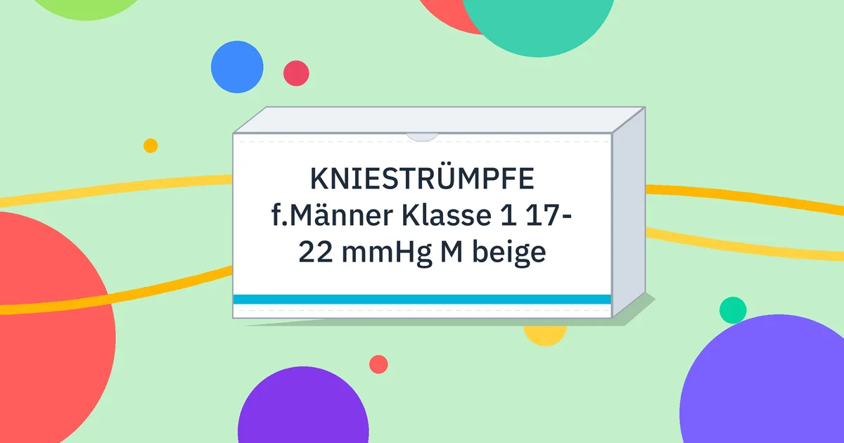 Symbolbild: Packung mit der Aufschrift KNIESTRÜMPFE f.Männer Klasse 1 17-22 mmHg M beige (PZN 19072597) – Verfügbarkeit und Bezug in Apotheken in Frankfurt am Main