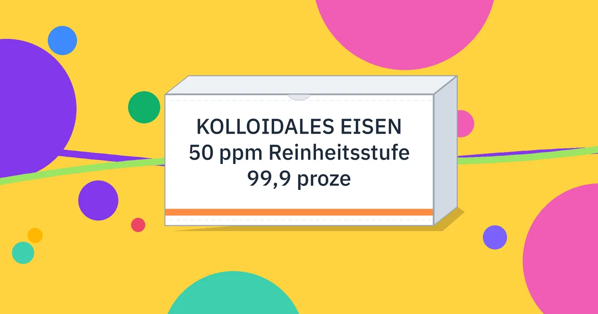 Symbolbild: Packung mit der Aufschrift KOLLOIDALES EISEN 50 ppm Reinheitsstufe 99,9 proze (PZN 18209568) – Verfügbarkeit und Bezug in Apotheken in Frankfurt am Main