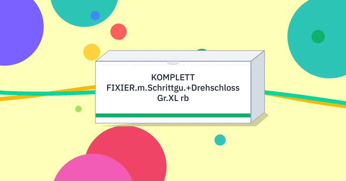 Symbolbild: Packung mit der Aufschrift KOMPLETT FIXIER.m.Schrittgu.+Drehschloss Gr.XL rb (PZN 16014346) – Verfügbarkeit und Bezug in Apotheken in Frankfurt am Main