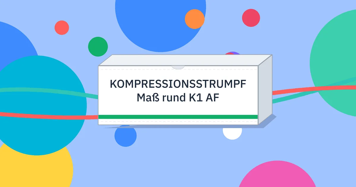Symbolbild: Packung mit der Aufschrift KOMPRESSIONSSTRUMPF Maß rund K1 AF (PZN 04774224) – Verfügbarkeit und Bezug in Apotheken in Frankfurt am Main