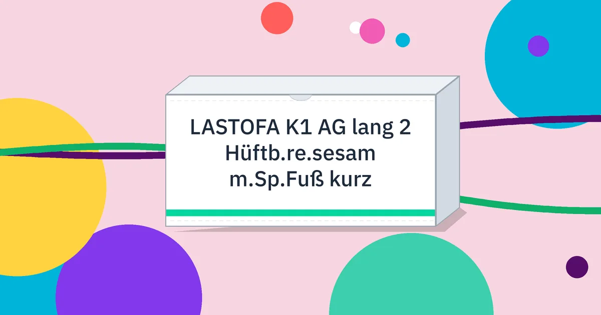 Symbolbild: Packung mit der Aufschrift LASTOFA K1 AG lang 2 Hüftb.re.sesam m.Sp.Fuß kurz (PZN 13797767) – Verfügbarkeit und Bezug in Apotheken in Frankfurt am Main