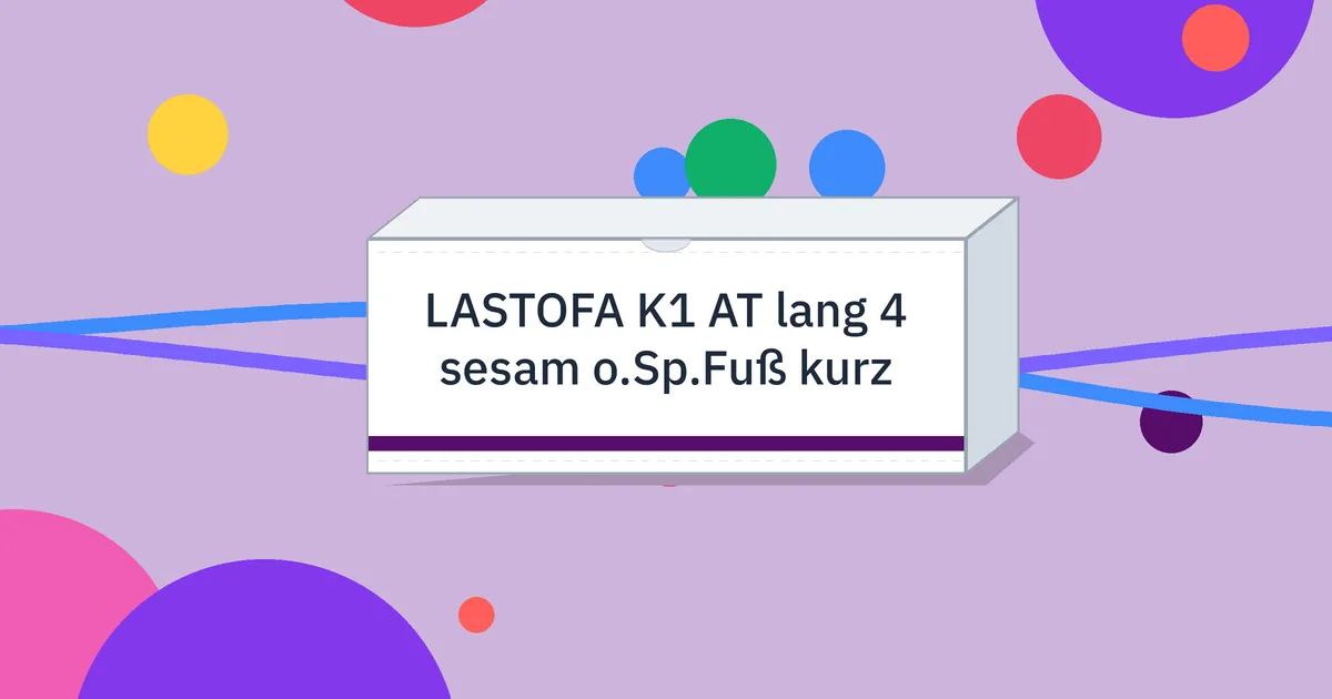 Symbolbild: Packung mit der Aufschrift LASTOFA K1 AT lang 4 sesam o.Sp.Fuß kurz (PZN 13796325) – Verfügbarkeit und Bezug in Apotheken in Frankfurt am Main