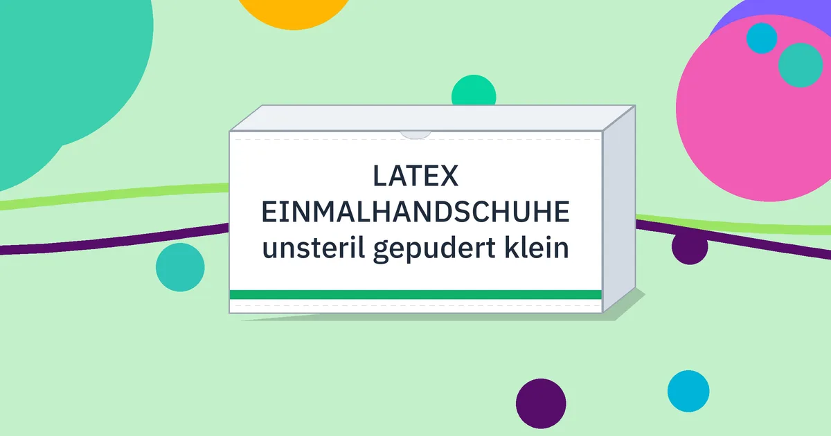Symbolbild: Packung mit der Aufschrift LATEX EINMALHANDSCHUHE unsteril gepudert klein (PZN 18604342) – Verfügbarkeit und Bezug in Apotheken in Frankfurt am Main