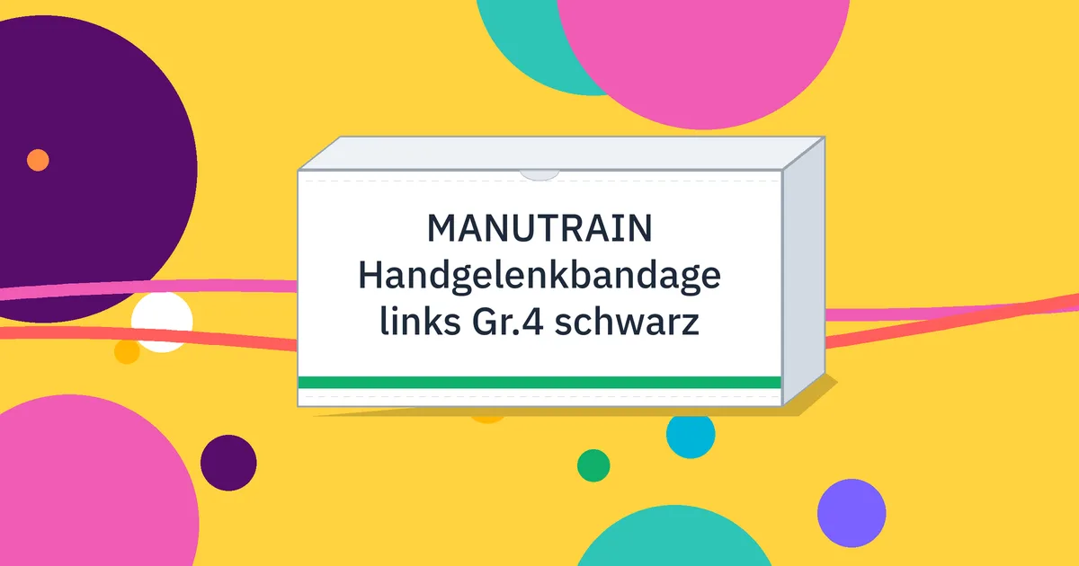 Symbolbild: Packung mit der Aufschrift MANUTRAIN Handgelenkbandage links Gr.4 schwarz (PZN 07552381) – Verfügbarkeit und Bezug in Apotheken in Frankfurt am Main