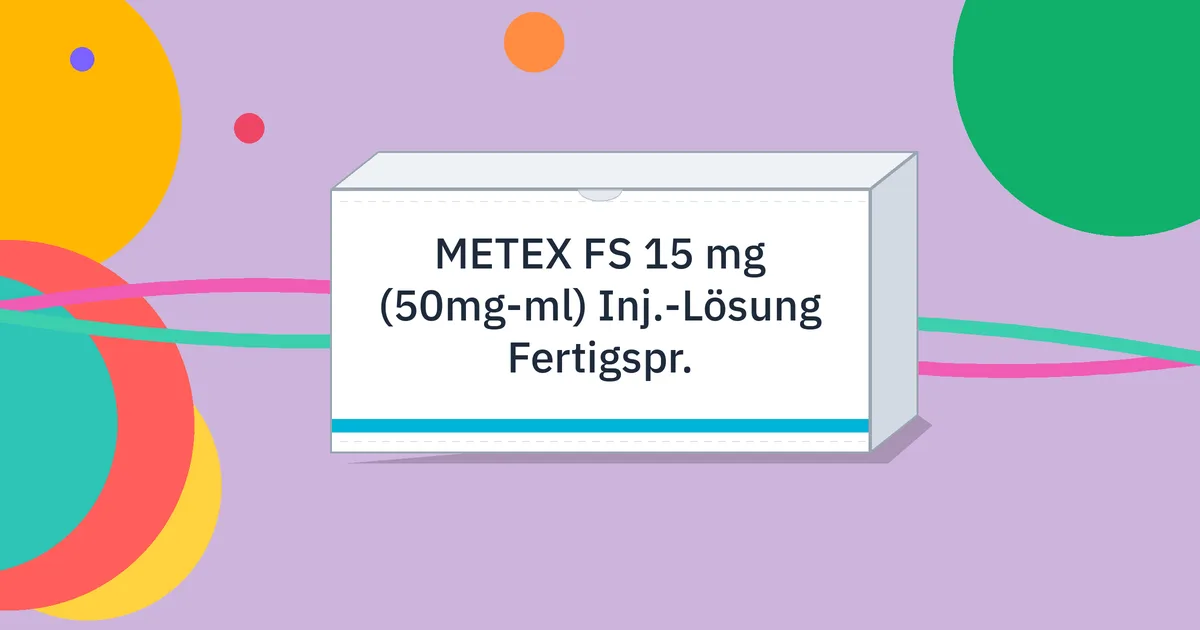 Symbolbild: Packung mit der Aufschrift METEX FS 15 mg (50mg-ml) Inj.-Lösung Fertigspr. (PZN 01178088) – Verfügbarkeit und Bezug in Apotheken in Frankfurt am Main