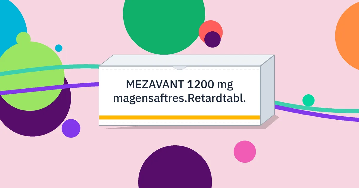 Symbolbild: Packung mit der Aufschrift MEZAVANT 1200 mg magensaftres.Retardtabl. (PZN 16336914) – Verfügbarkeit und Bezug in Apotheken in Frankfurt am Main