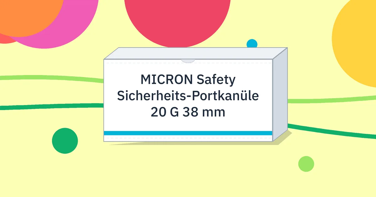 Symbolbild: Packung mit der Aufschrift MICRON Safety Sicherheits-Portkanüle 20 G 38 mm (PZN 19113327) – Verfügbarkeit und Bezug in Apotheken in Frankfurt am Main