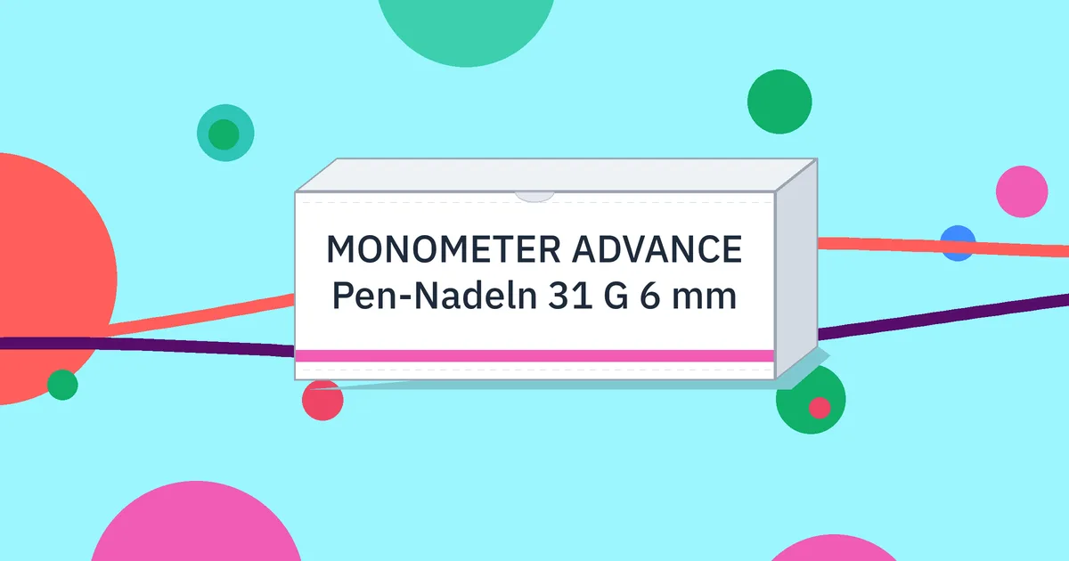 Symbolbild: Packung mit der Aufschrift MONOMETER ADVANCE Pen-Nadeln 31 G 6 mm (PZN 17181023) – Verfügbarkeit und Bezug in Apotheken in Frankfurt am Main