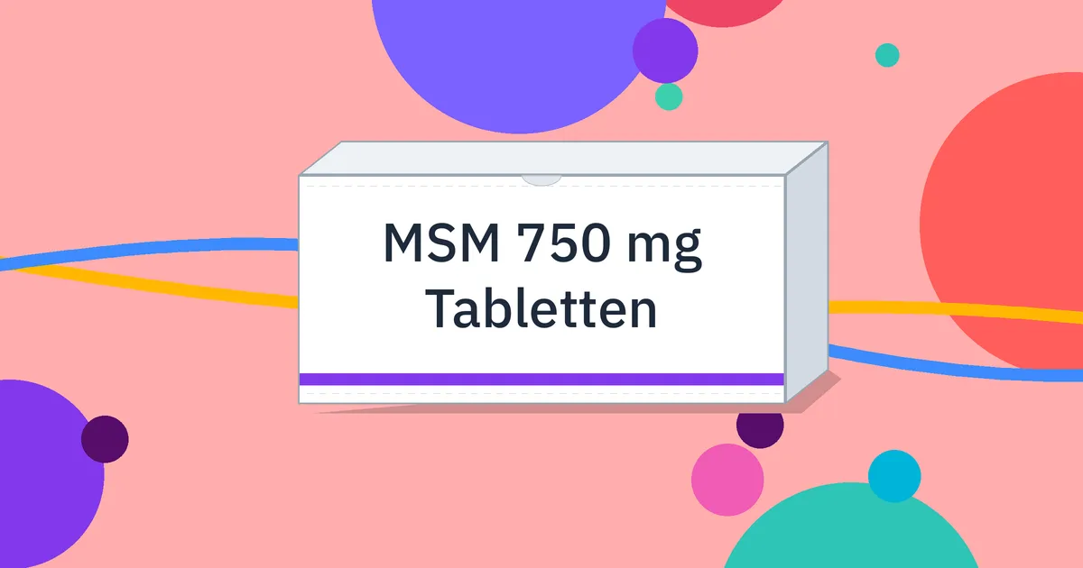 Symbolbild: Packung mit der Aufschrift MSM 750 mg Tabletten (PZN 11072824) – Verfügbarkeit und Bezug in Apotheken in Frankfurt am Main