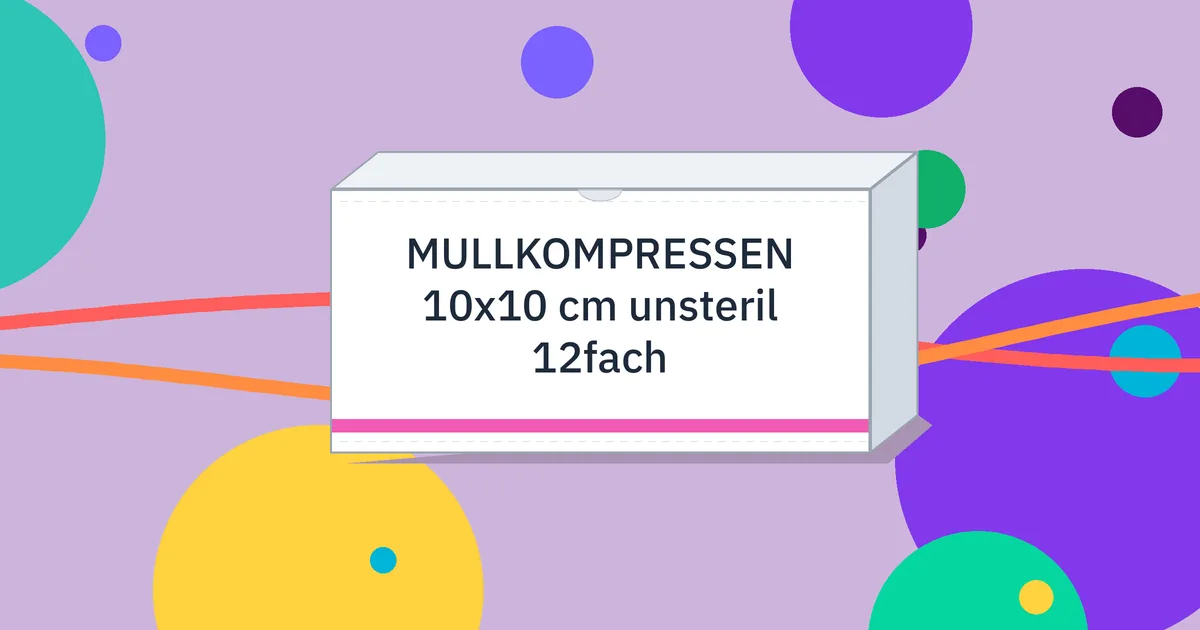 Symbolbild: Packung mit der Aufschrift MULLKOMPRESSEN 10x10 cm unsteril 12fach (PZN 08821469) – Verfügbarkeit und Bezug in Apotheken in Frankfurt am Main