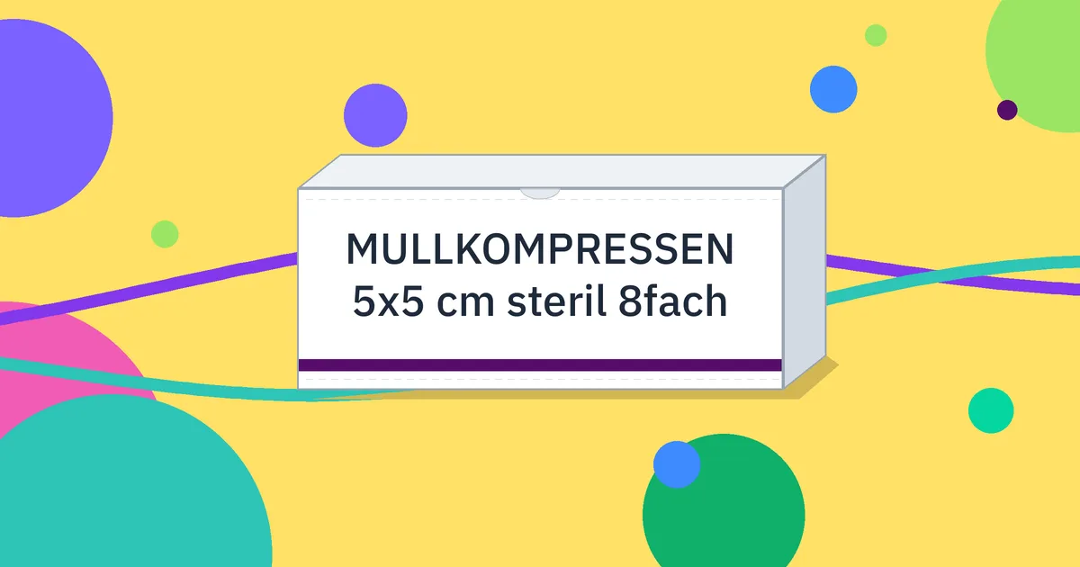 Symbolbild: Packung mit der Aufschrift MULLKOMPRESSEN 5x5 cm steril 8fach (PZN 03856084) – Verfügbarkeit und Bezug in Apotheken in Frankfurt am Main