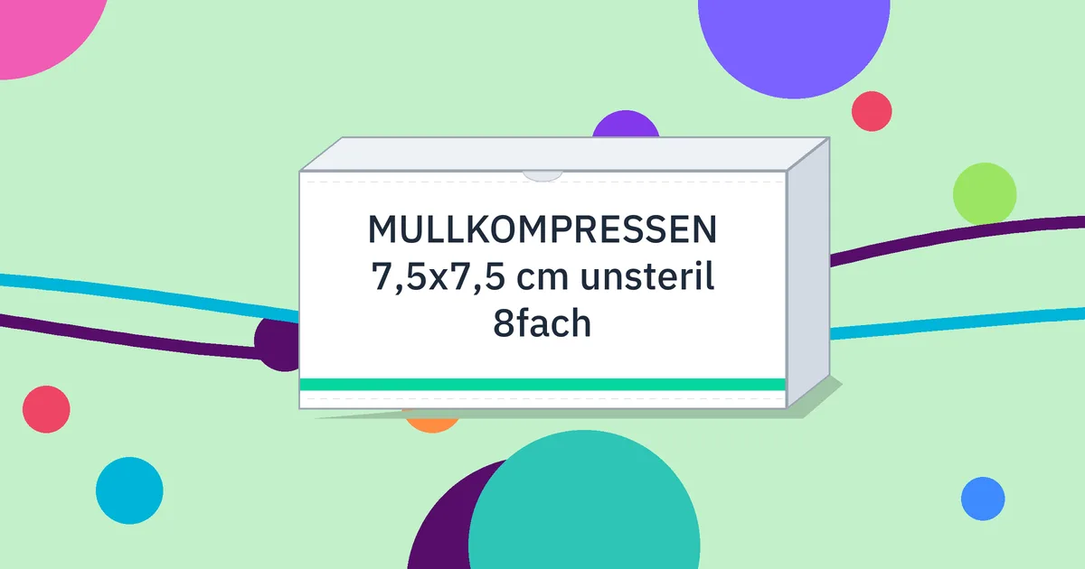 Symbolbild: Packung mit der Aufschrift MULLKOMPRESSEN 7,5x7,5 cm unsteril 8fach (PZN 08821423) – Verfügbarkeit und Bezug in Apotheken in Frankfurt am Main