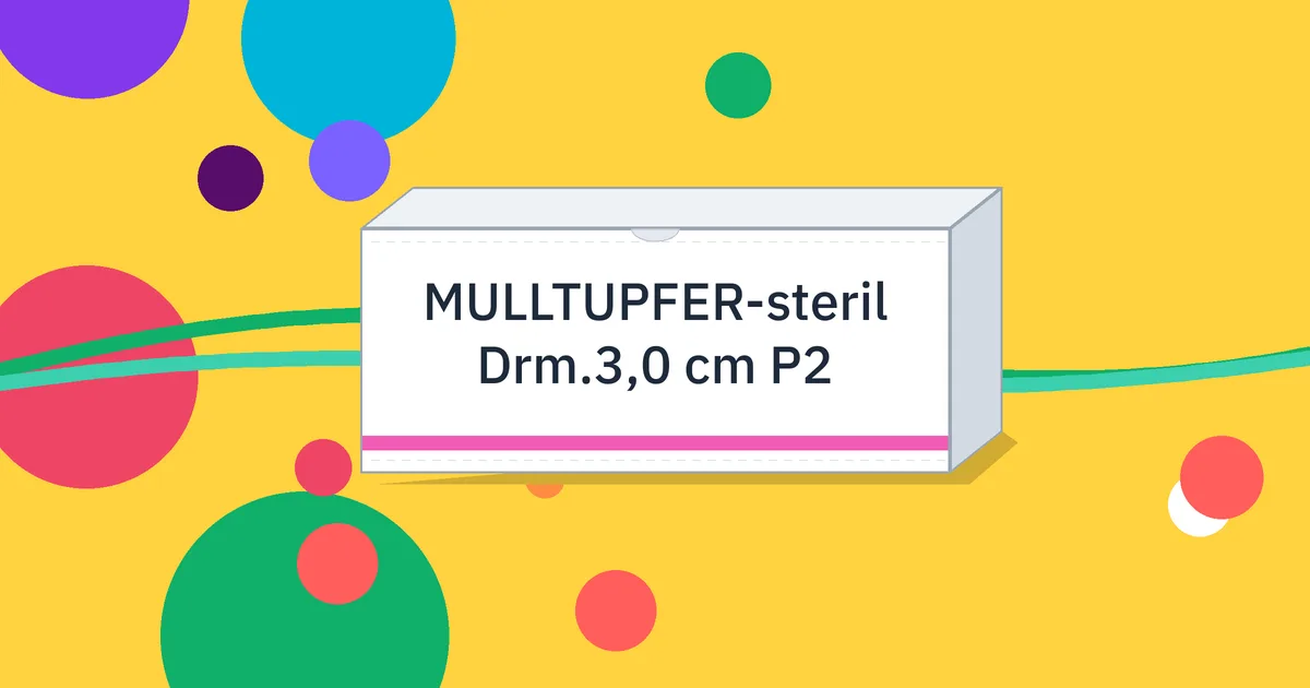 Symbolbild: Packung mit der Aufschrift MULLTUPFER-steril Drm.3,0 cm P2 (PZN 18307064) – Verfügbarkeit und Bezug in Apotheken in Frankfurt am Main