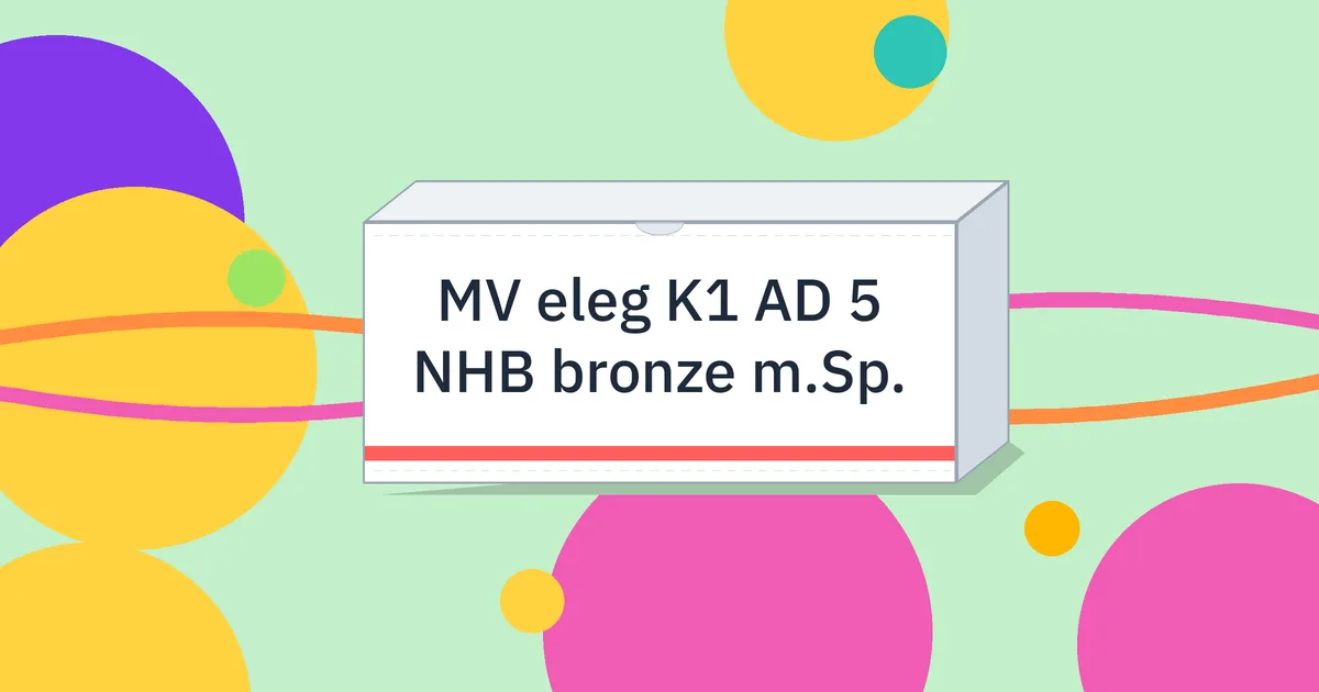 Symbolbild: Packung mit der Aufschrift MV eleg K1 AD 5 NHB bronze m.Sp. (PZN 15674974) – Verfügbarkeit und Bezug in Apotheken in Frankfurt am Main