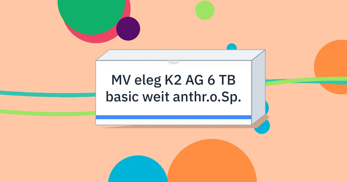 Symbolbild: Packung mit der Aufschrift MV eleg K2 AG 6 TB basic weit anthr.o.Sp. (PZN 00205311) – Verfügbarkeit und Bezug in Apotheken in Frankfurt am Main