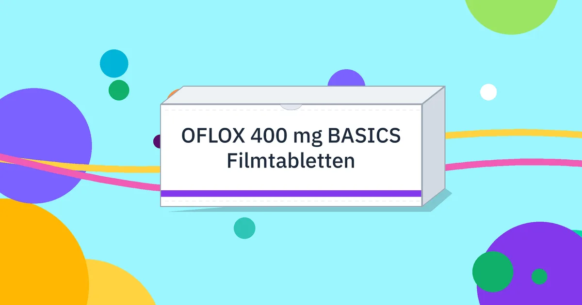 Symbolbild: Packung mit der Aufschrift OFLOX 400 mg BASICS Filmtabletten (PZN 01661749) – Verfügbarkeit und Bezug in Apotheken in Frankfurt am Main