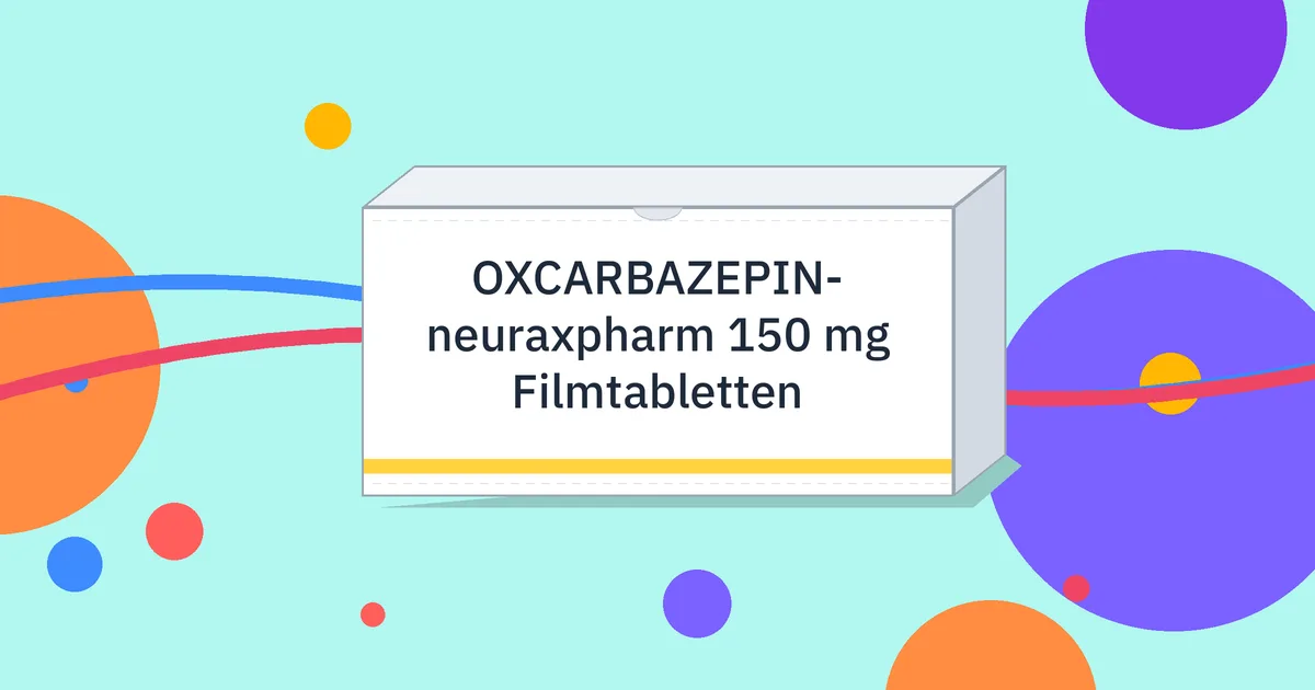 Symbolbild: Packung mit der Aufschrift OXCARBAZEPIN-neuraxpharm 150 mg Filmtabletten (PZN 09519465) – Verfügbarkeit und Bezug in Apotheken in Frankfurt am Main