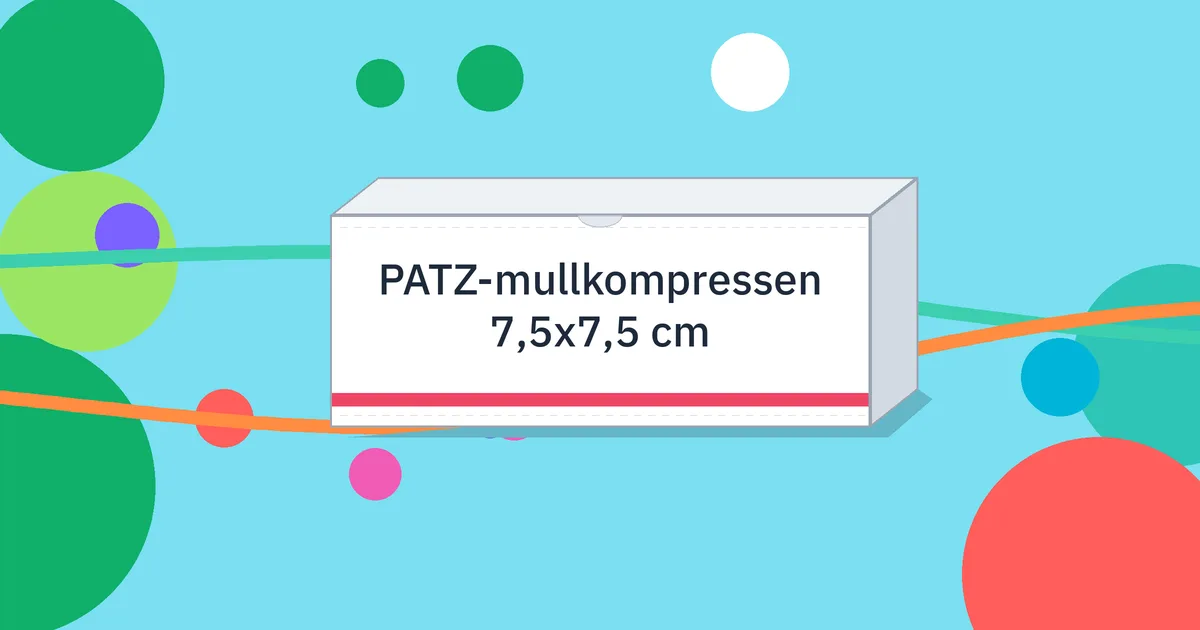 Symbolbild: Packung mit der Aufschrift PATZ-mullkompressen 7,5x7,5 cm (PZN 06813299) – Verfügbarkeit und Bezug in Apotheken in Frankfurt am Main