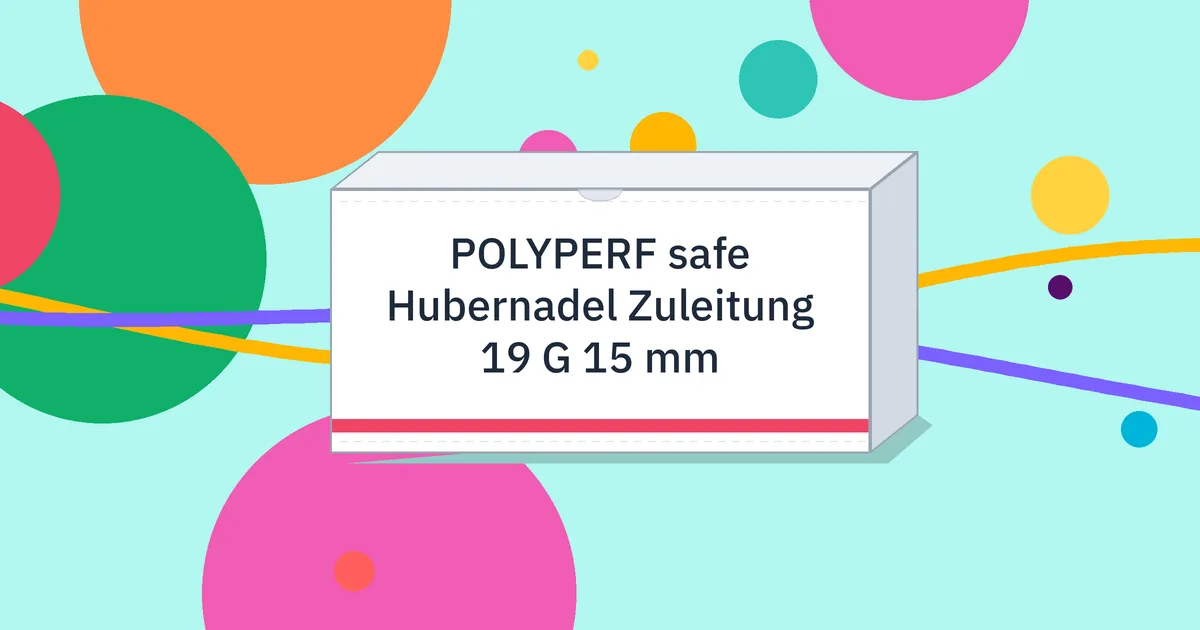 Symbolbild: Packung mit der Aufschrift POLYPERF safe Hubernadel Zuleitung 19 G 15 mm (PZN 13866221) – Verfügbarkeit und Bezug in Apotheken in Frankfurt am Main