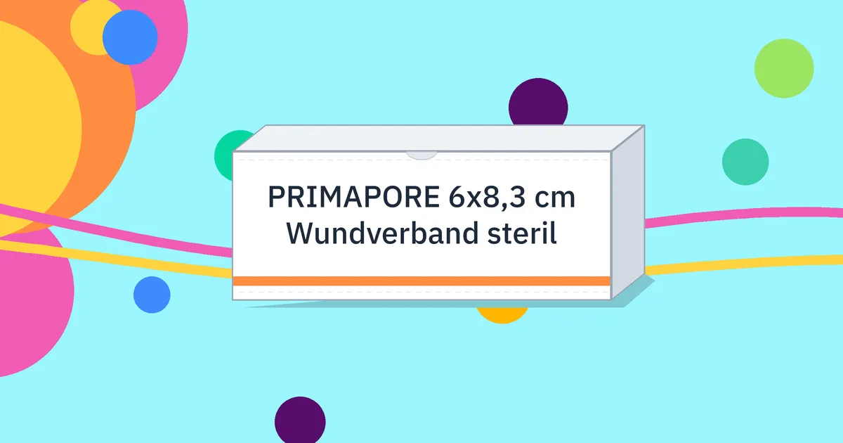 Symbolbild: Packung mit der Aufschrift PRIMAPORE 6x8,3 cm Wundverband steril (PZN 17941988) – Verfügbarkeit und Bezug in Apotheken in Frankfurt am Main