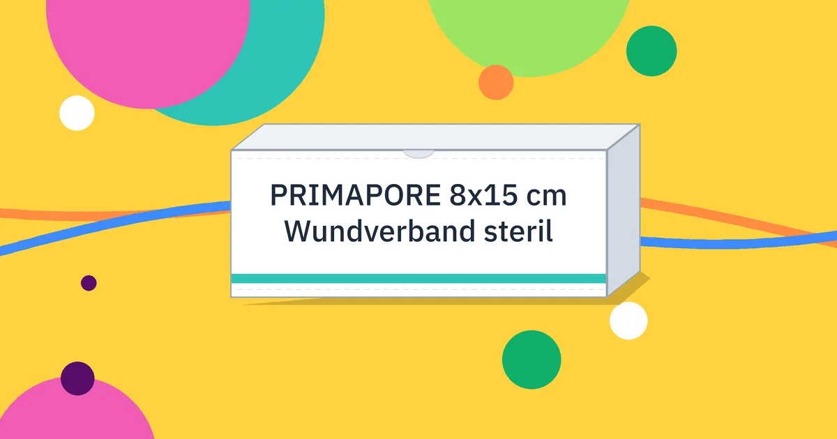 Symbolbild: Packung mit der Aufschrift PRIMAPORE 8x15 cm Wundverband steril (PZN 09643811) – Verfügbarkeit und Bezug in Apotheken in Frankfurt am Main