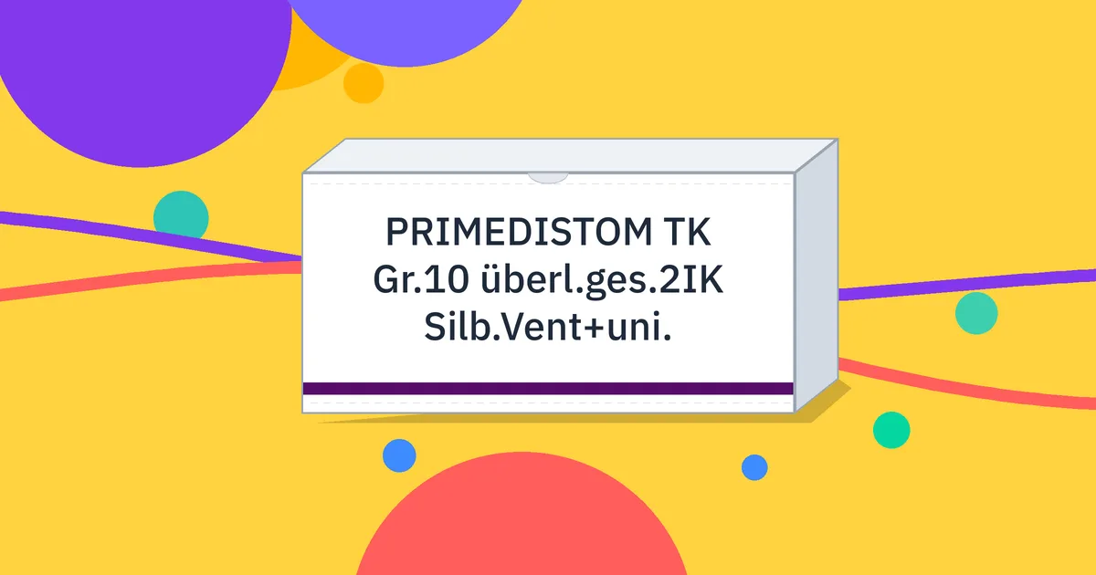 Symbolbild: Packung mit der Aufschrift PRIMEDISTOM TK Gr.10 überl.ges.2IK Silb.Vent+uni. (PZN 10209511) – Verfügbarkeit und Bezug in Apotheken in Frankfurt am Main
