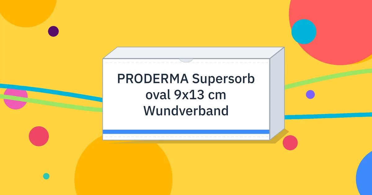 Symbolbild: Packung mit der Aufschrift PRODERMA Supersorb oval 9x13 cm Wundverband (PZN 20313824) – Verfügbarkeit und Bezug in Apotheken in Frankfurt am Main