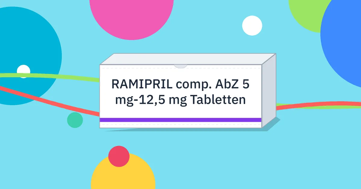Symbolbild: Packung mit der Aufschrift RAMIPRIL comp. AbZ 5 mg-12,5 mg Tabletten (PZN 09100559) – Verfügbarkeit und Bezug in Apotheken in Frankfurt am Main
