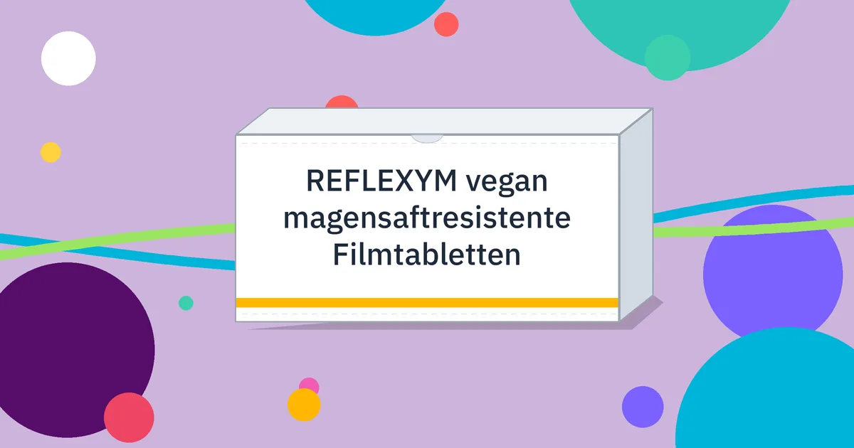 Symbolbild: Packung mit der Aufschrift REFLEXYM vegan magensaftresistente Filmtabletten (PZN 17278633) – Verfügbarkeit und Bezug in Apotheken in Frankfurt am Main