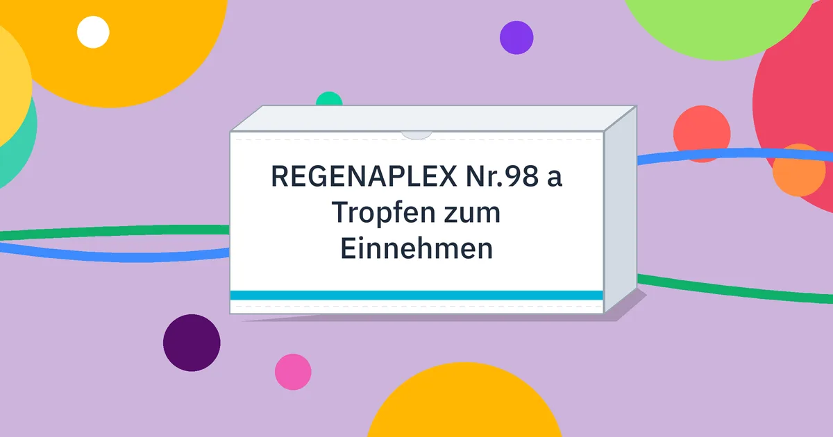 Symbolbild: Packung mit der Aufschrift REGENAPLEX Nr.98 a Tropfen zum Einnehmen (PZN 02643541) – Verfügbarkeit und Bezug in Apotheken in Frankfurt am Main