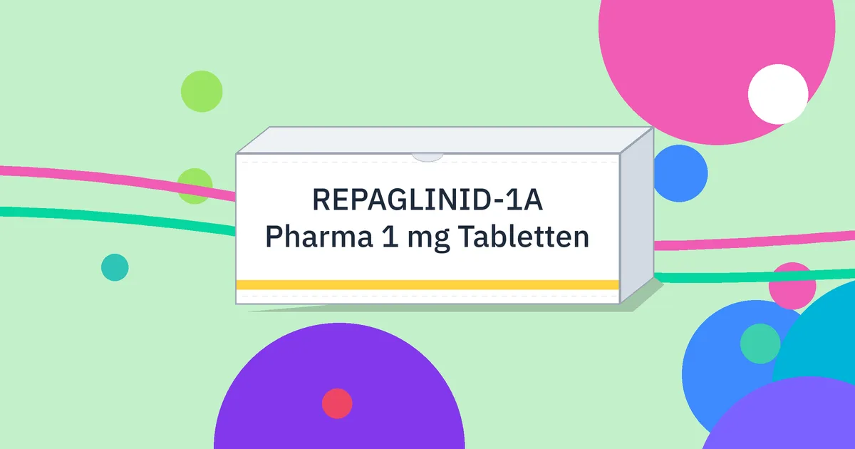 Symbolbild: Packung mit der Aufschrift REPAGLINID-1A Pharma 1 mg Tabletten (PZN 09121219) – Verfügbarkeit und Bezug in Apotheken in Frankfurt am Main