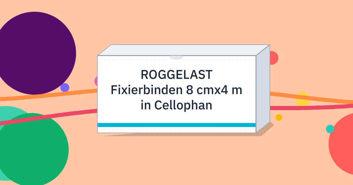 Symbolbild: Packung mit der Aufschrift ROGGELAST Fixierbinden 8 cmx4 m in Cellophan (PZN 03438412) – Verfügbarkeit und Bezug in Apotheken in Frankfurt am Main