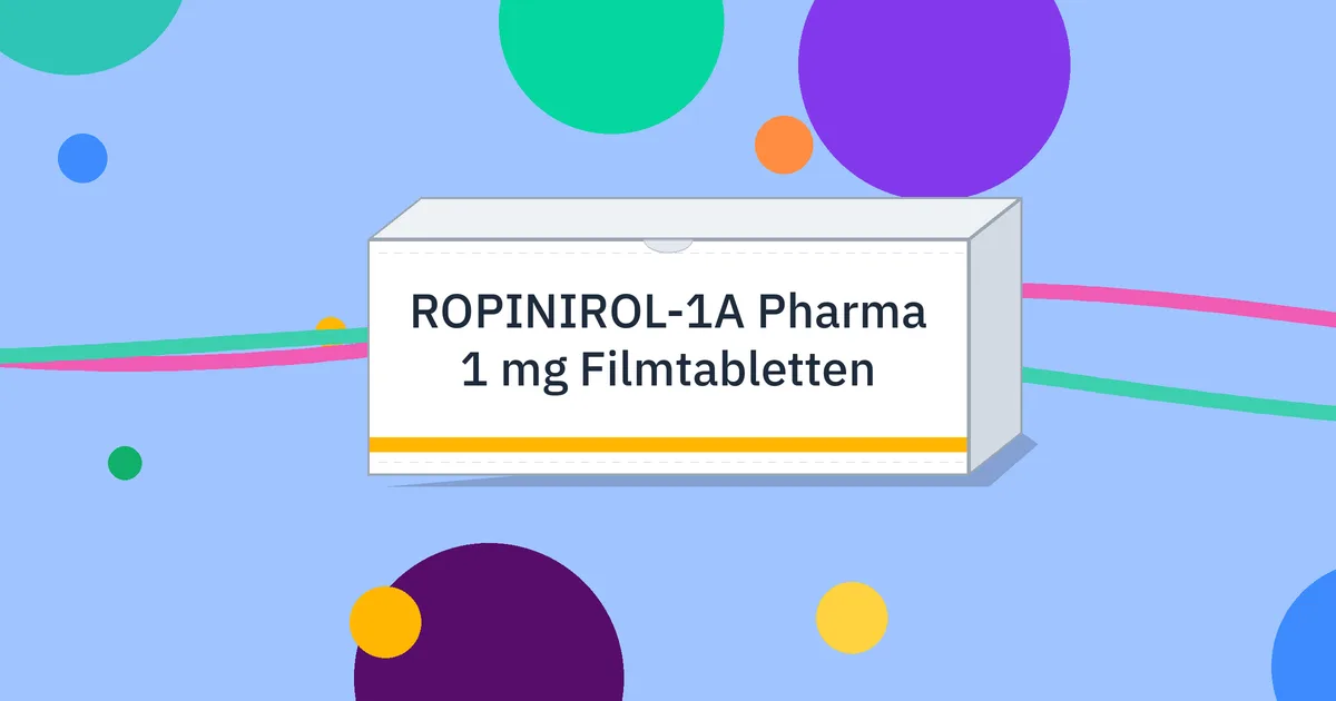 Symbolbild: Packung mit der Aufschrift ROPINIROL-1A Pharma 1 mg Filmtabletten (PZN 08860943) – Verfügbarkeit und Bezug in Apotheken in Frankfurt am Main