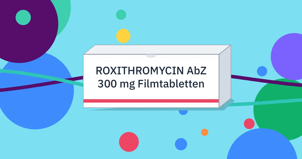 Symbolbild: Packung mit der Aufschrift ROXITHROMYCIN AbZ 300 mg Filmtabletten (PZN 00094283) – Verfügbarkeit und Bezug in Apotheken in Frankfurt am Main