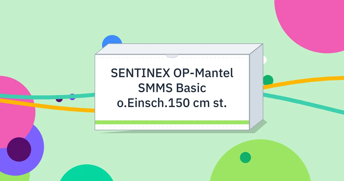 Symbolbild: Packung mit der Aufschrift SENTINEX OP-Mantel SMMS Basic o.Einsch.150 cm st. (PZN 03166468) – Verfügbarkeit und Bezug in Apotheken in Frankfurt am Main