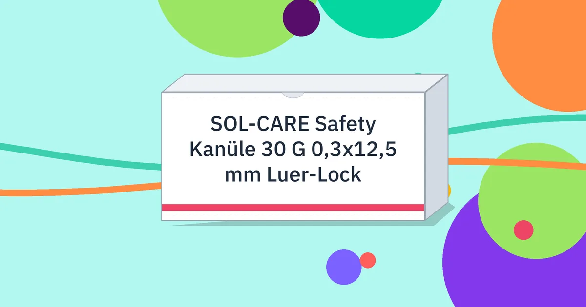 Symbolbild: Packung mit der Aufschrift SOL-CARE Safety Kanüle 30 G 0,3x12,5 mm Luer-Lock (PZN 20328286) – Verfügbarkeit und Bezug in Apotheken in Frankfurt am Main