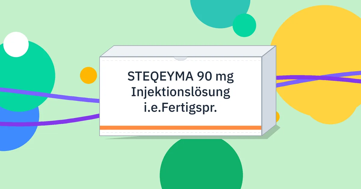 Symbolbild: Packung mit der Aufschrift STEQEYMA 90 mg Injektionslösung i.e.Fertigspr. (PZN 20359074) – Verfügbarkeit und Bezug in Apotheken in Frankfurt am Main