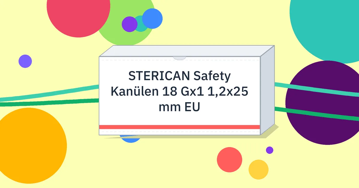 Symbolbild: Packung mit der Aufschrift STERICAN Safety Kanülen 18 Gx1 1,2x25 mm EU (PZN 16016888) – Verfügbarkeit und Bezug in Apotheken in Frankfurt am Main